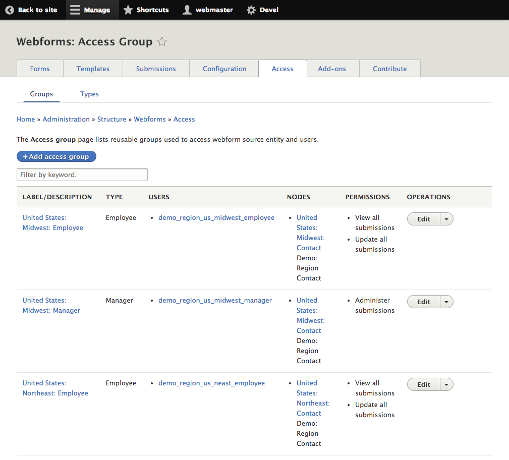 Added Webform Access module with a Demo Regional Contact module. | Drupal.org